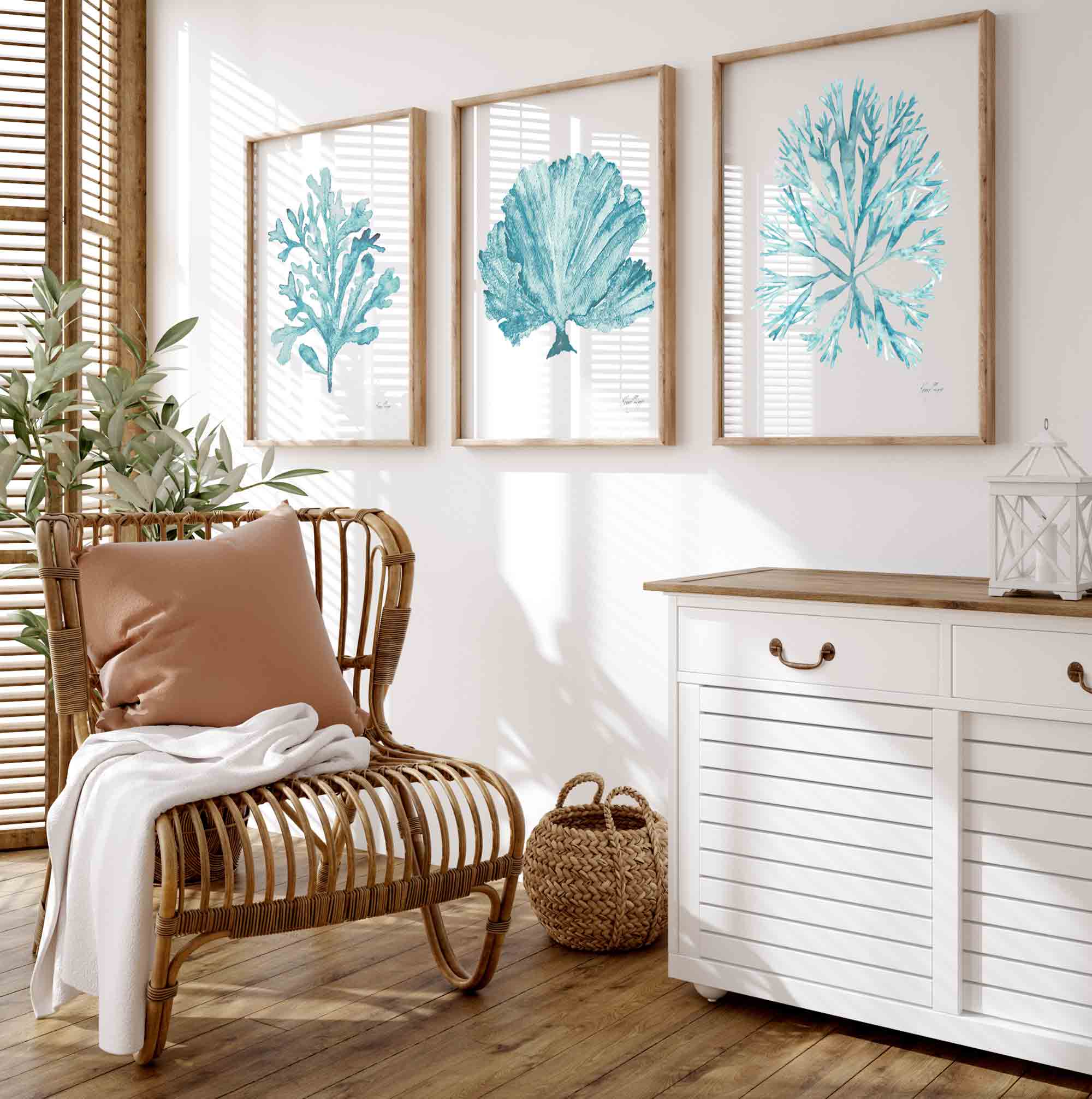 Set of 3 Wall Art Prints | Coral Seaweed Prints in Teal Blue Green